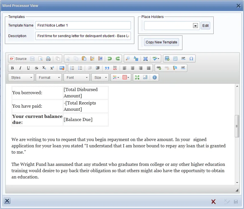 Dunning and collection letters management|Student loan management